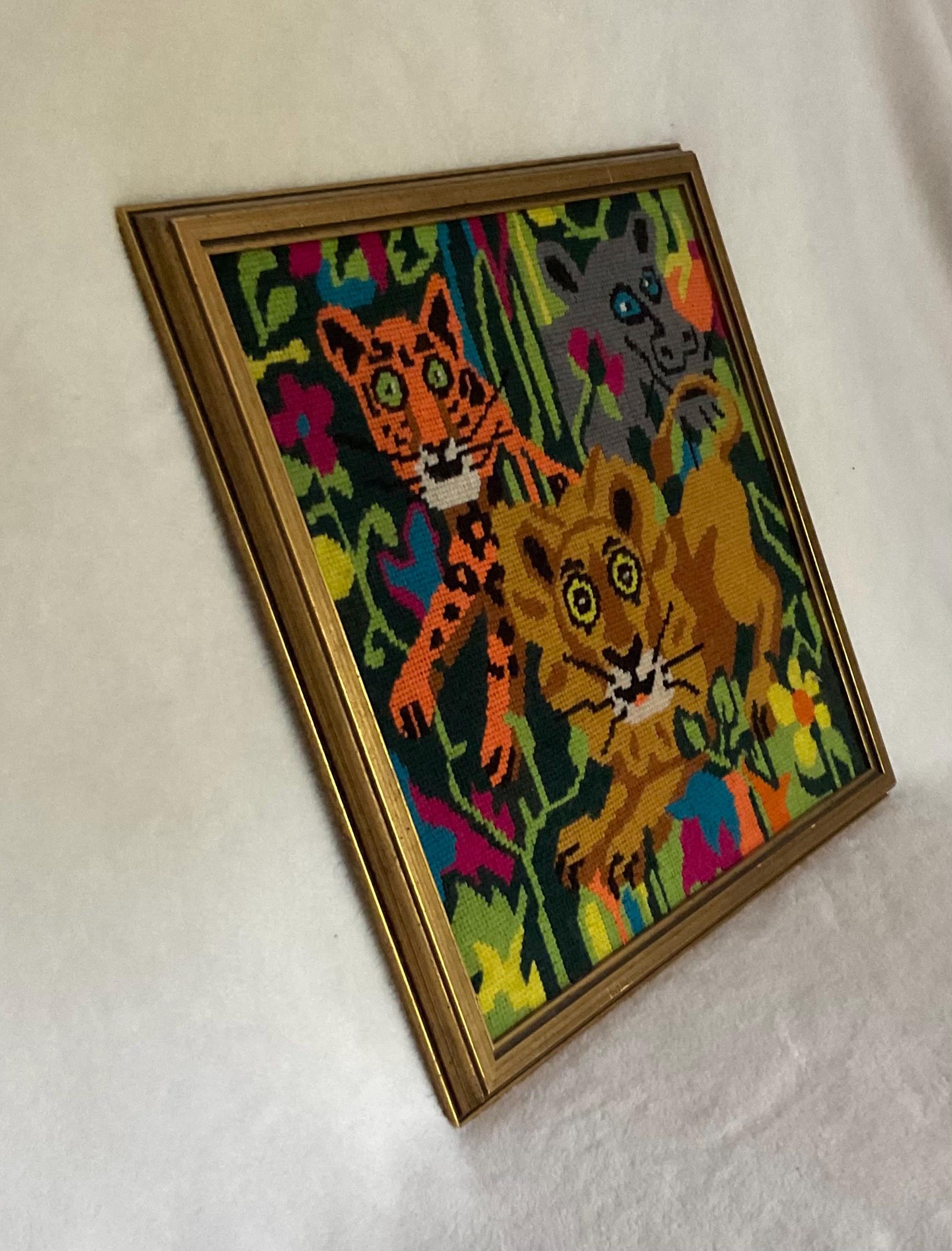 Vintage Finished Framed Needlepoint Tapestry Lion Jungle Art, Circa 70s ...