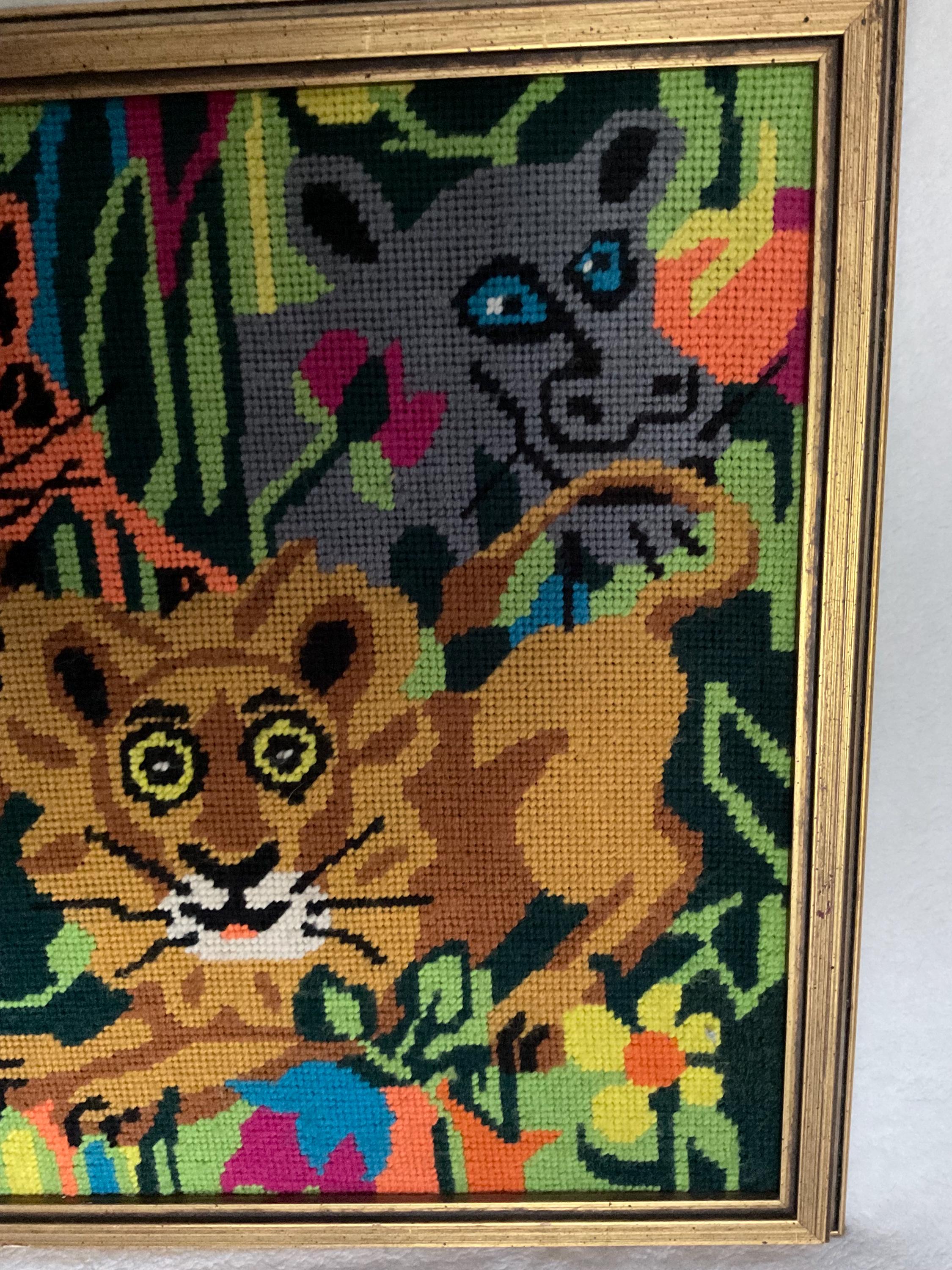 Vintage Finished Framed Needlepoint Tapestry Lion Jungle Art, Circa 70s ...