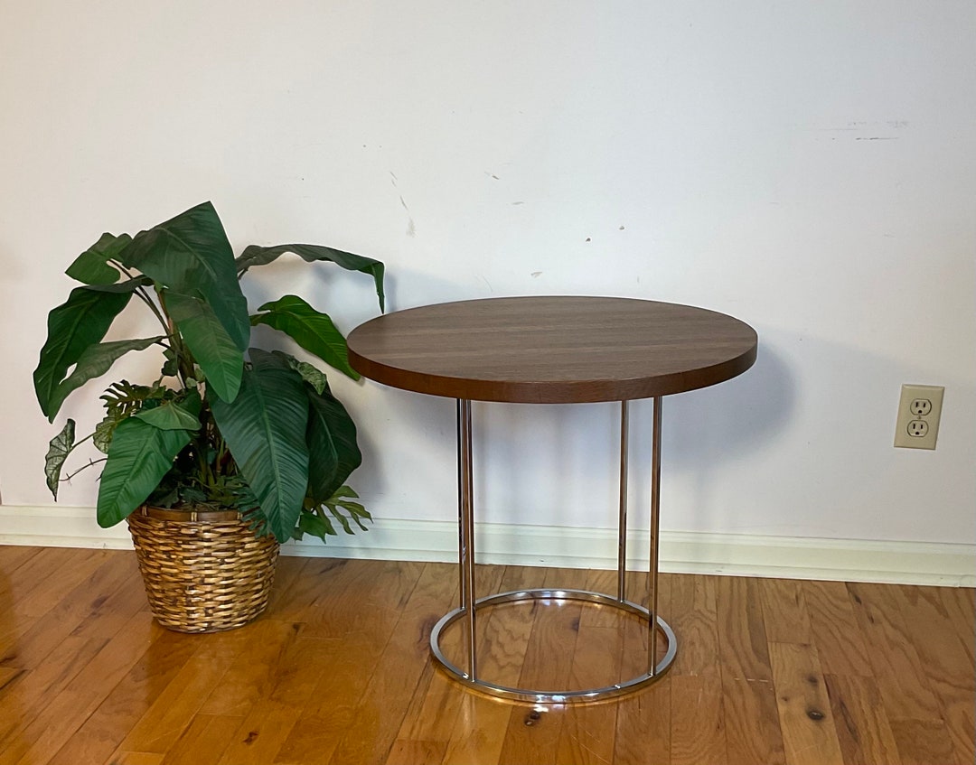 Attributed to Milo Baughman Modern Chrome and Oak Round Side Table - Etsy
