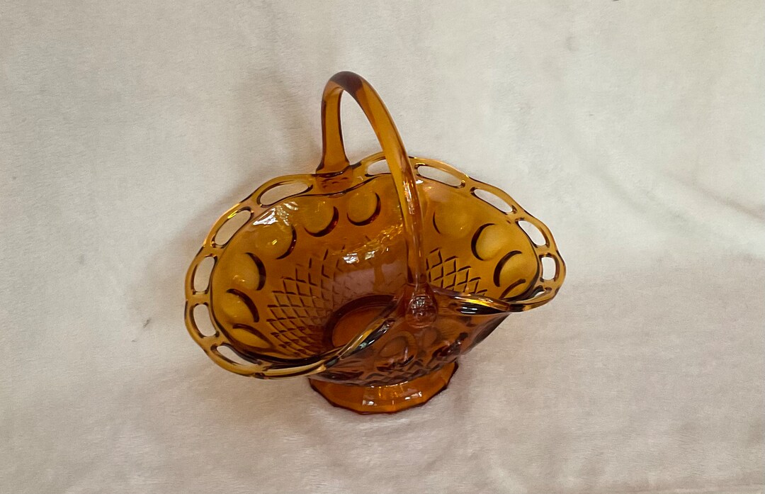 Vintage Pitman Dreitzer Colony Large Open Lace Edge Amber Glass Basket ...