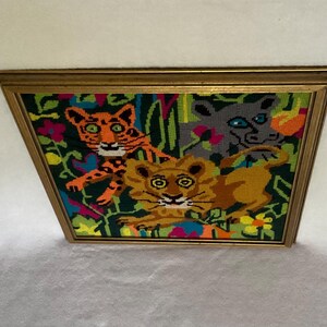 Vintage Finished Framed Needlepoint Tapestry Lion Jungle Art, Circa 70s ...