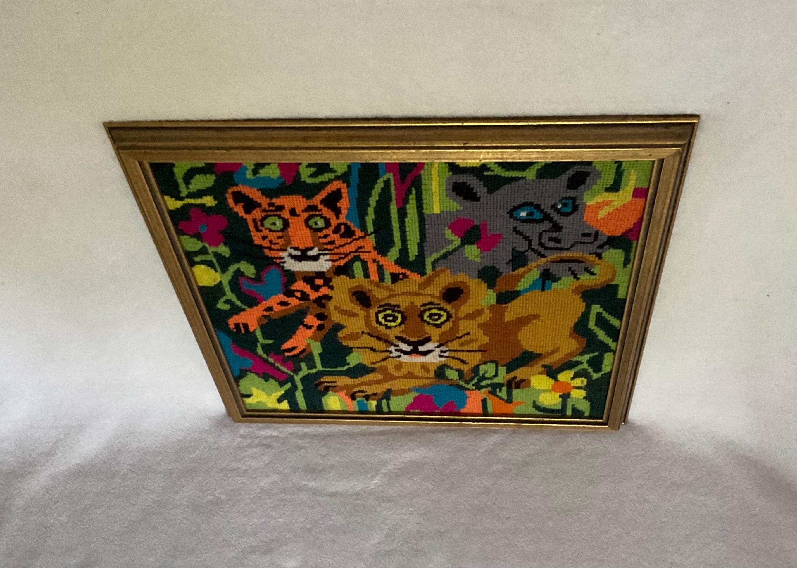 Vintage Finished Framed Needlepoint Tapestry Lion Jungle Art, Circa 70s ...