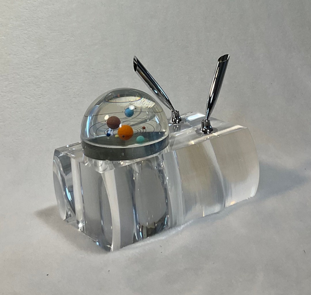 Lucite Pen Holder Paperweight With Colorful 3D Glass Sphere Solar ...