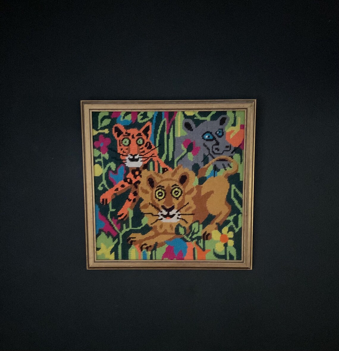 Vintage Finished Framed Needlepoint Tapestry Lion Jungle Art, Circa 70s ...
