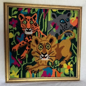 Vintage Finished Framed Needlepoint Tapestry Lion Jungle Art, Circa 70s ...