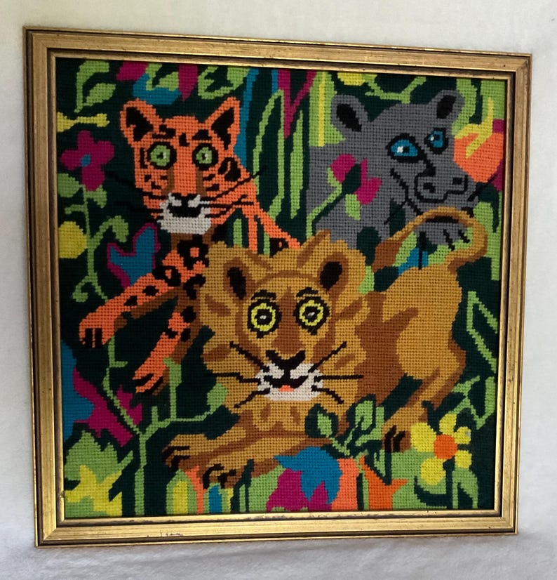 Vintage Finished Framed Needlepoint Tapestry Lion Jungle Art, Circa 70s ...