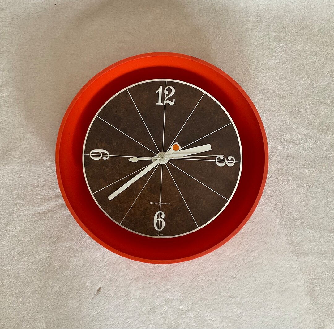 Mid Century General Electric Plastic Wall Clock Orange Burl Face, Circa ...