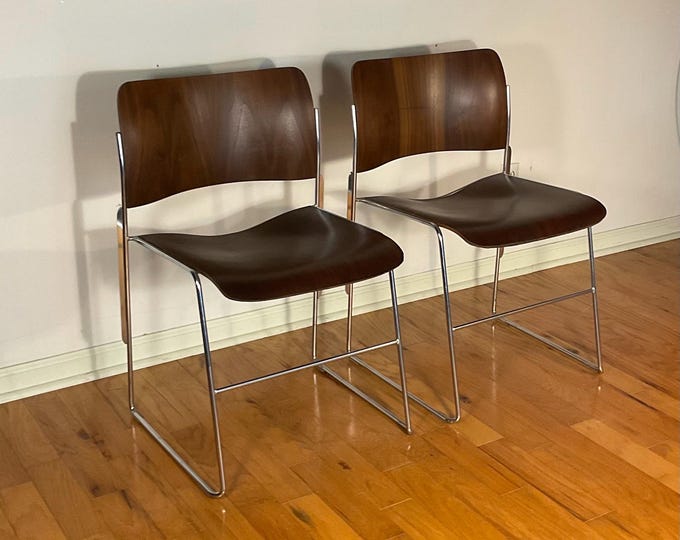 Pair of David Rowland Stacking Chairs 40/4 Walnut and Chrome ...