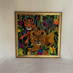 Vintage Finished Framed Needlepoint Tapestry Lion Jungle Art, Circa 70s ...