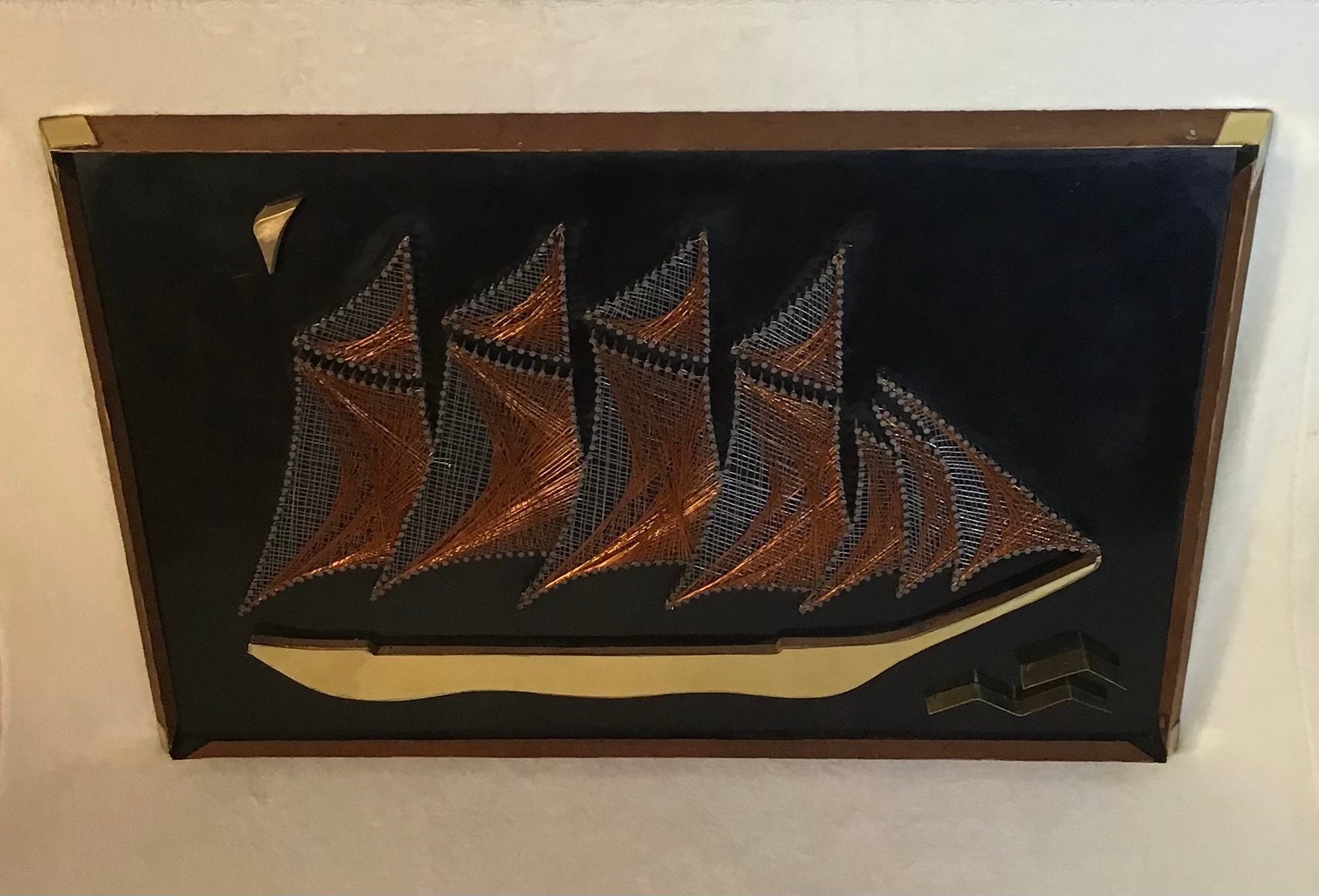 Large Vintage Framed Sculptural Copper Wire Nail Art Ship With Brass ...