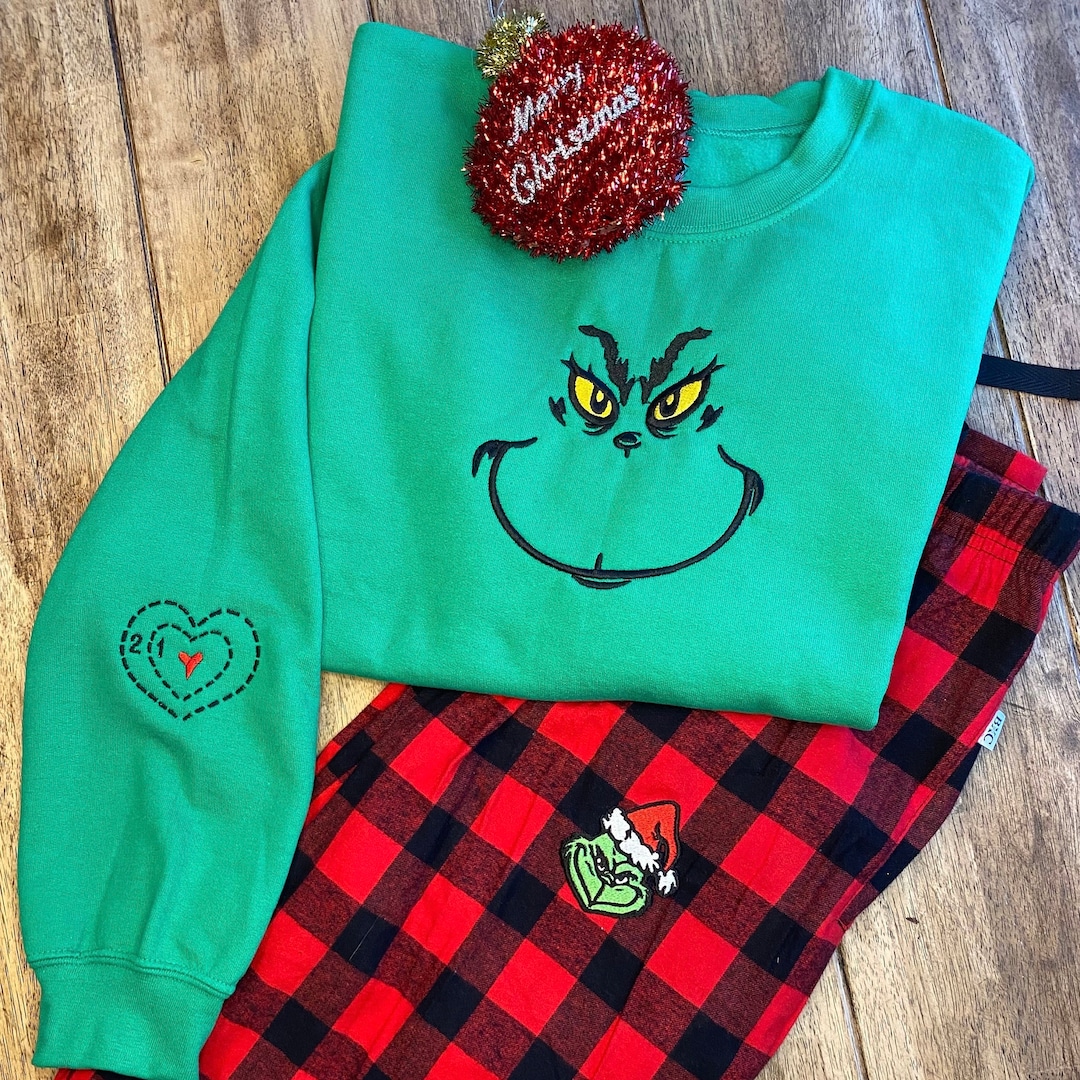 Embroidered Grinch Sweatshirt and Red Buffalo Plaid PJ Bottoms (sold ...
