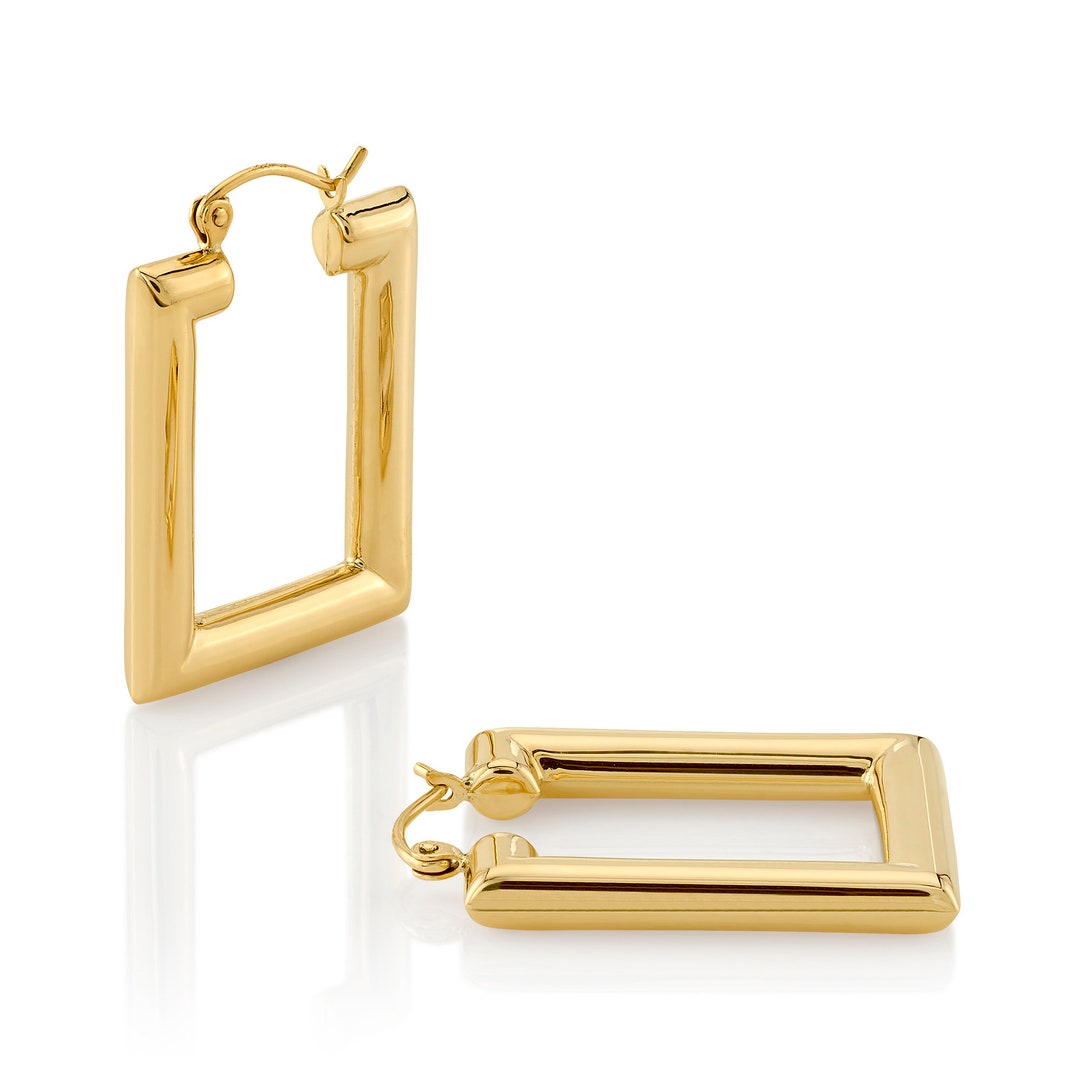 14k Yellow Gold Rectangle Hoops | Thick Hoop Earrings - Etsy