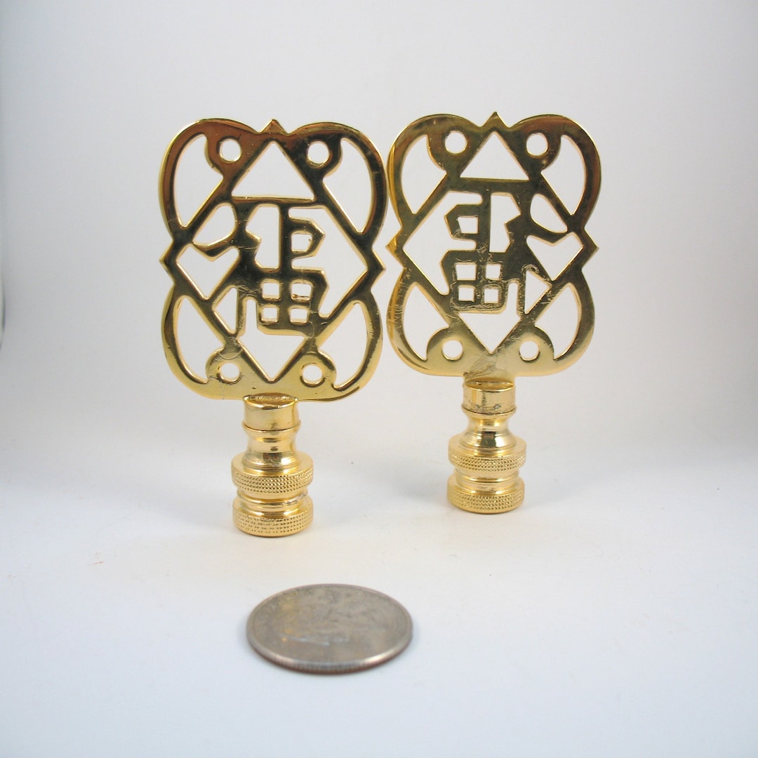 Lamp Finial: Pair of Solid Brass Very Bright Finish Asian Symbol ...