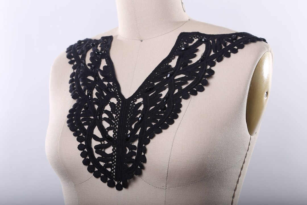 Black Applique Long Black Cotton Neckline Applique Vintage - Etsy