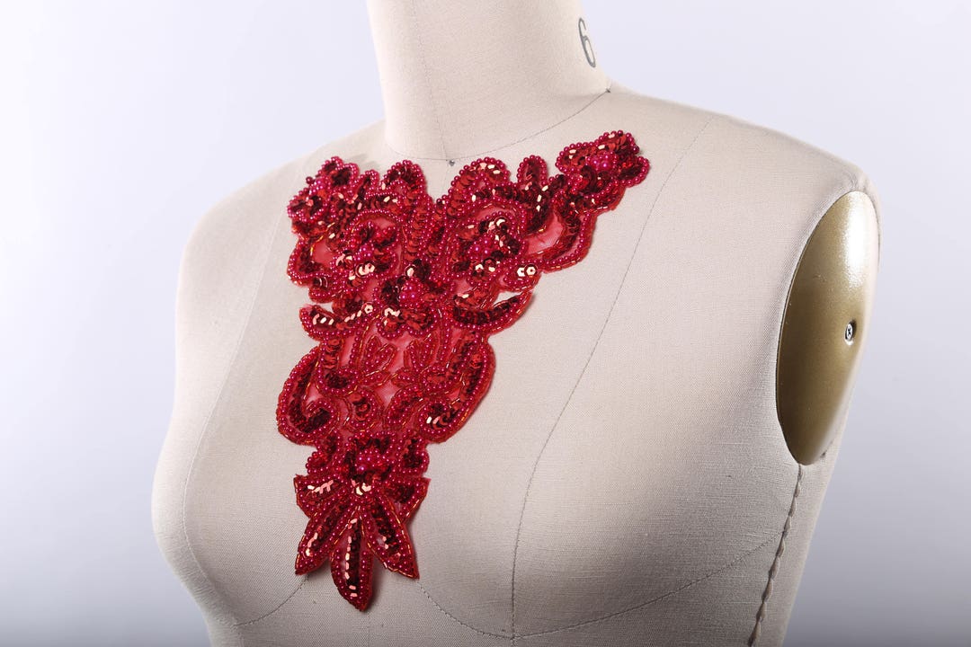 Red Applique/ Red Sequined Applique Red Beaded Applique/ Red Collar ...