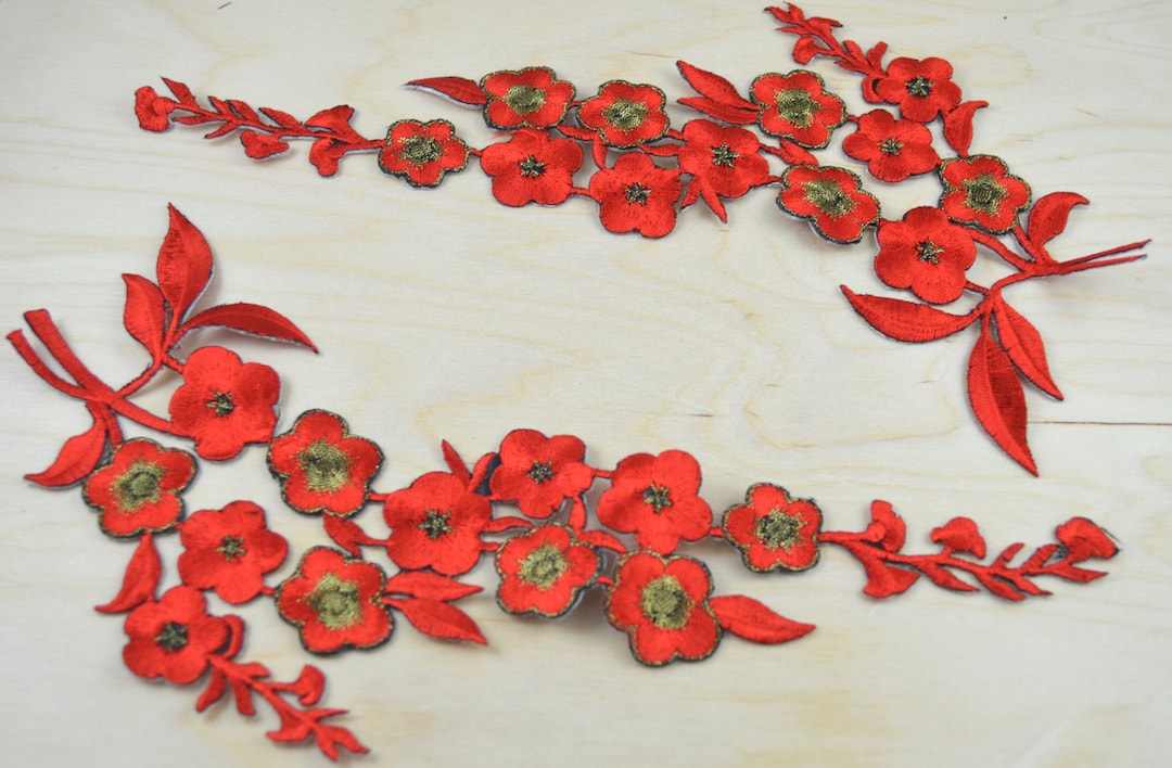 2 Red Embroidery Flower Patches/ Applique With Antique Gold Detailing ...