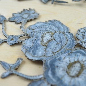 Blue Flower Embroidered Applique: Antique Gold Detail, Iron-on (set of ...