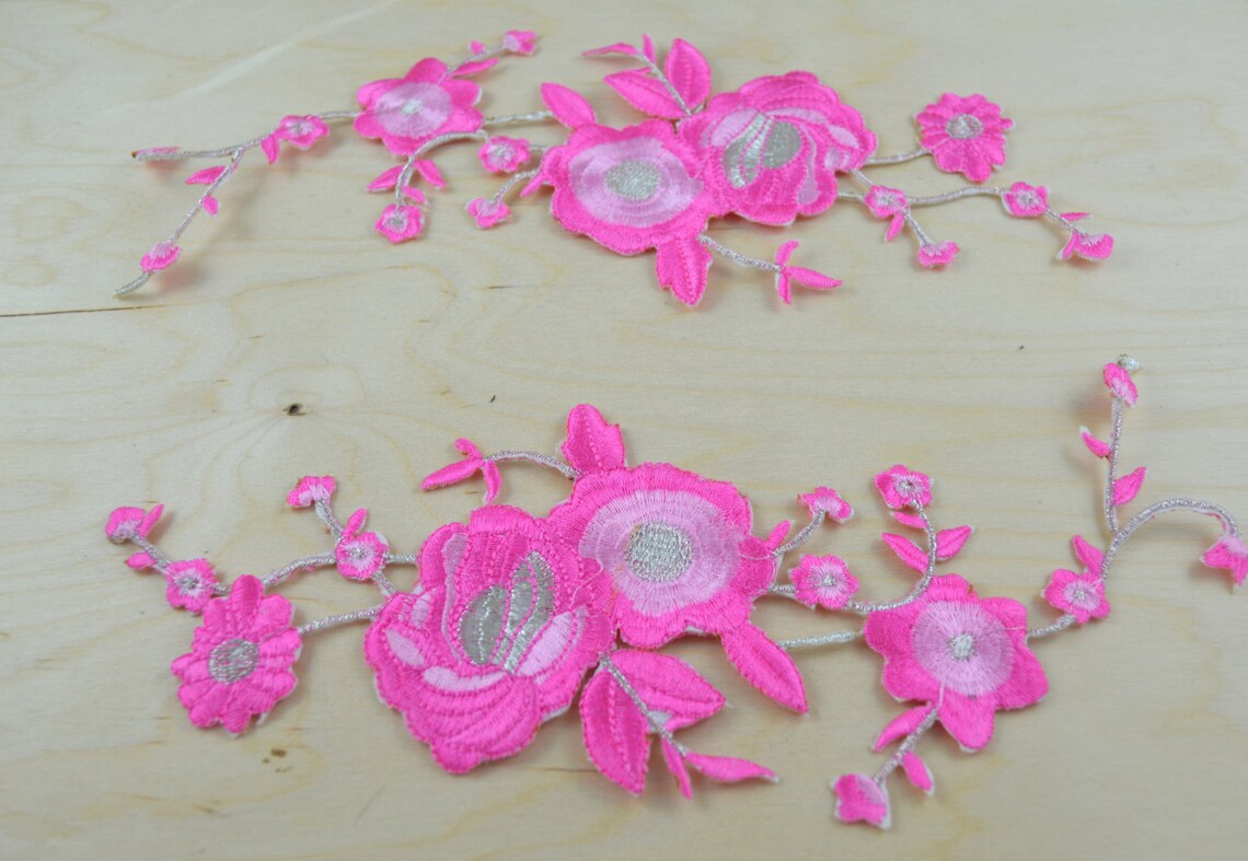 2 Pink Flower Patches. Pretty in Pink With Silver Accents | Etsy