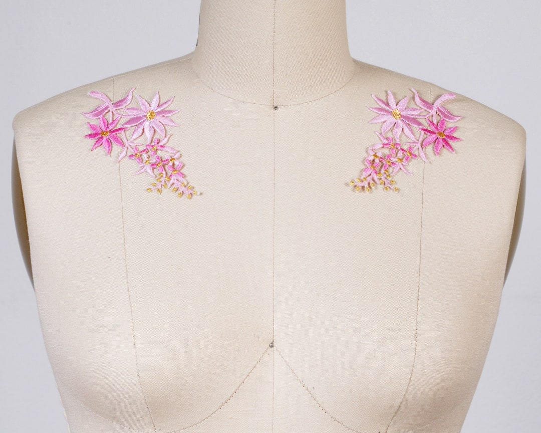 Pink Flower Patch 2 Piece Mirrored Iron on Deep Pink Baby Pink and Gold ...
