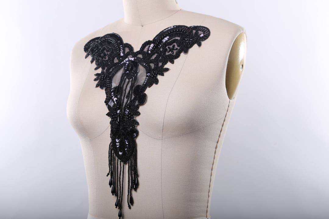 Black Applique/ Black Beaded Applique Dramatic Black Neckline Beaded ...