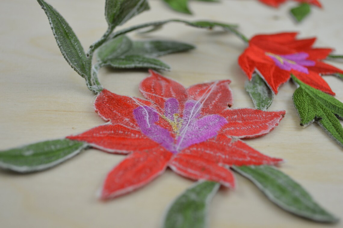 2 Red and Purple and Green Lily Embroidered Flower Patches/ Applique ...