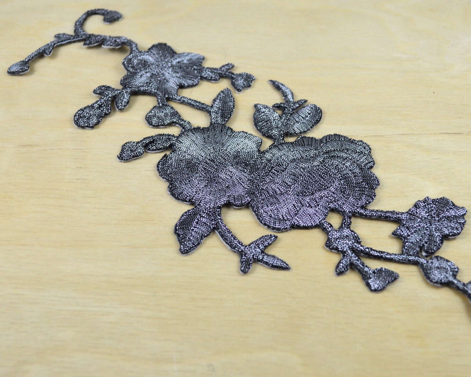 Gunmetal Flower Applique: Metallic Thread Embroidery Patch (set of 2 ...