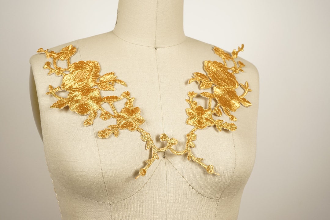 Gold Flower Patch/ Iron on Backing/ Pair/ Embroidery Flower Patch/ Gold ...