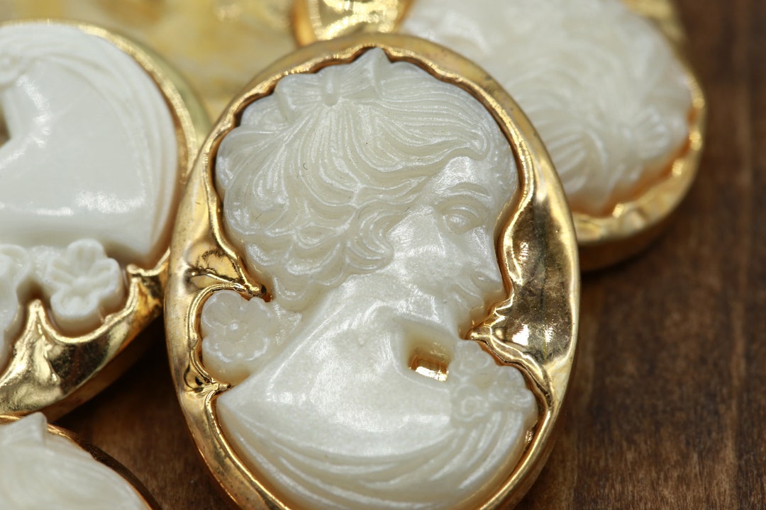 Cameo Button Plastic Gold Background and Ivory Female Face Ivory Button ...