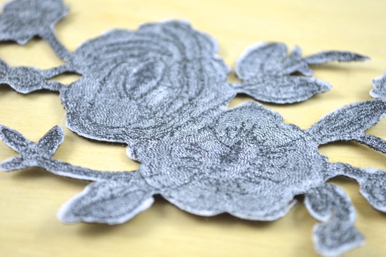 Gunmetal Flower Applique: Metallic Thread Embroidery Patch (set of 2 ...