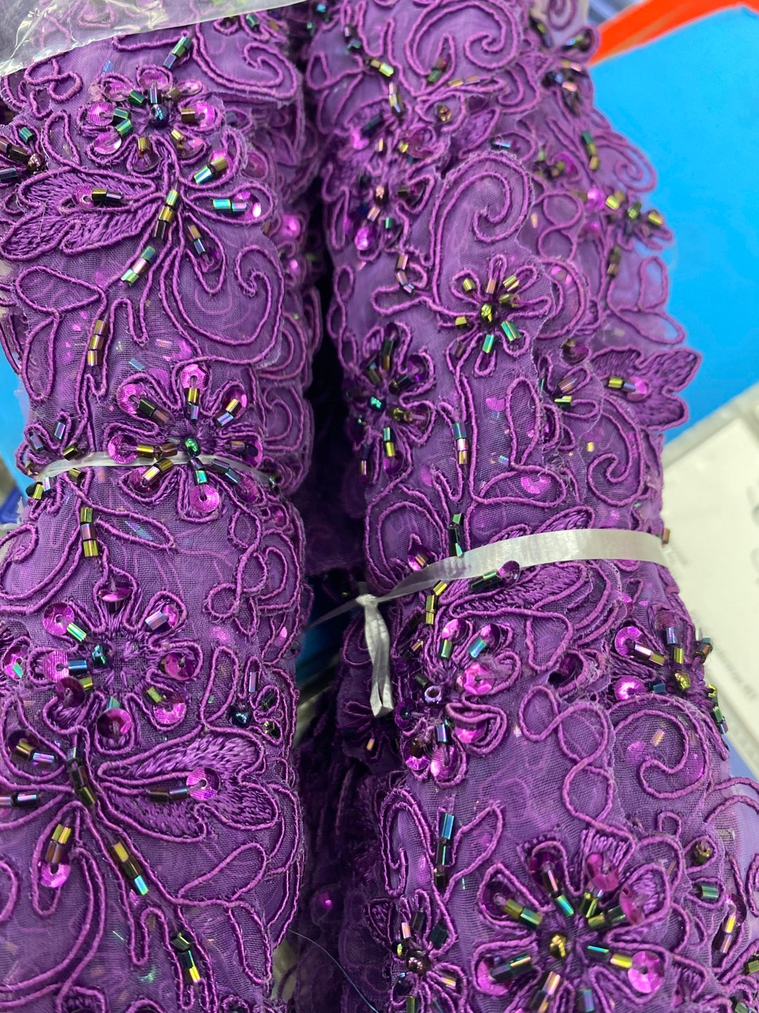 Purple Beaded Lace Trim: Violet Sequined Floral Applique (1.75" Width ...