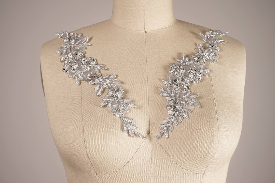 Metallic Silver Applique/ Silver Lace Applique/ Gray Metallic Toned ...