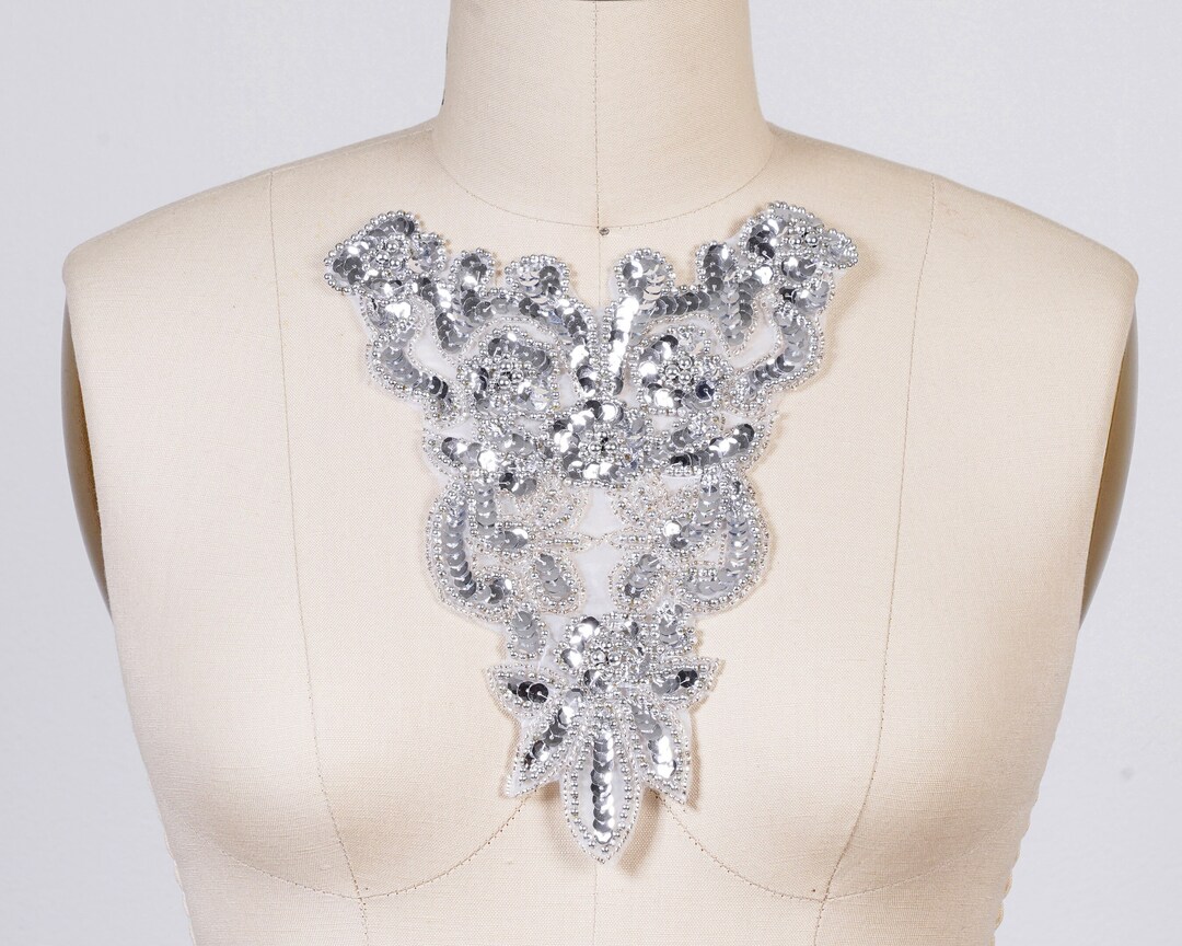 Silver Applique Neckline Applique With Beading, Available in Gold ...