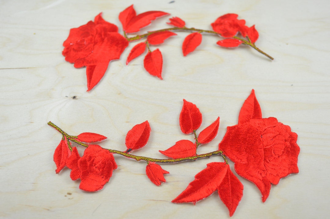 2 Red Embroidered Roses Brilliantly Vibrant Red Embroidery Flower ...