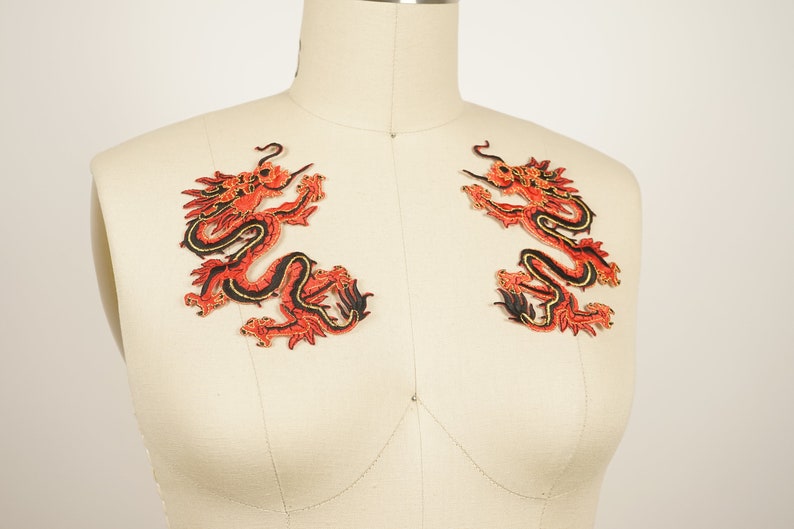 Dragon Patches PAIR of Chinese Red Dragon Patches. Satin | Etsy
