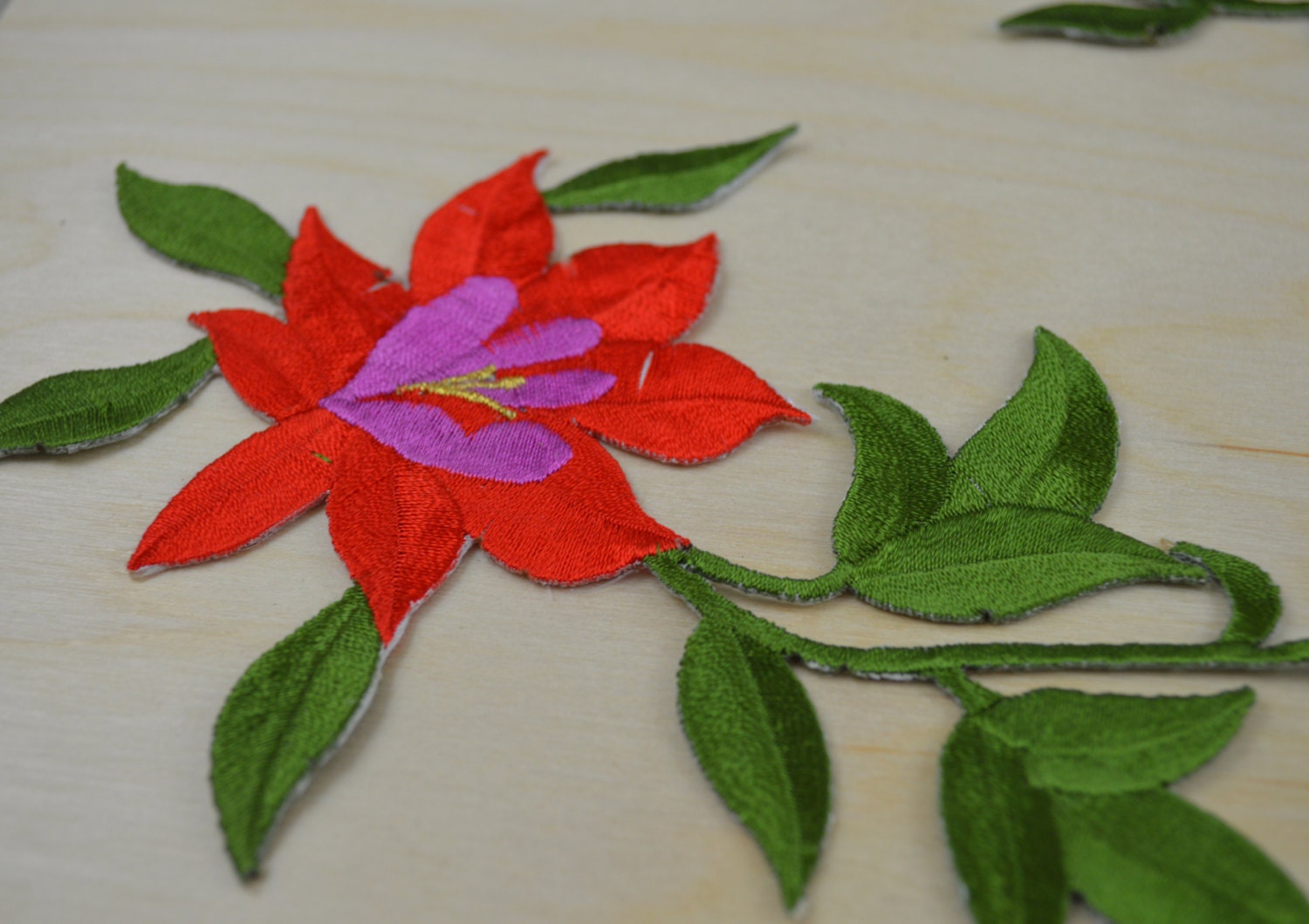 2 Red and Purple and Green Lily Embroidered Flower Patches/ Applique ...
