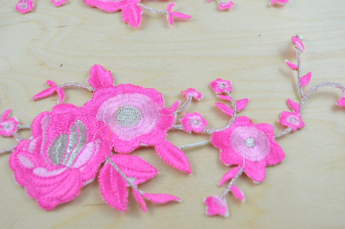 2 Pink Flower Patches. Pretty in Pink With Silver Accents | Etsy