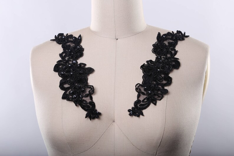 Black Floral Applique Pair: Beaded & Sequined Collar Embellishment - Etsy