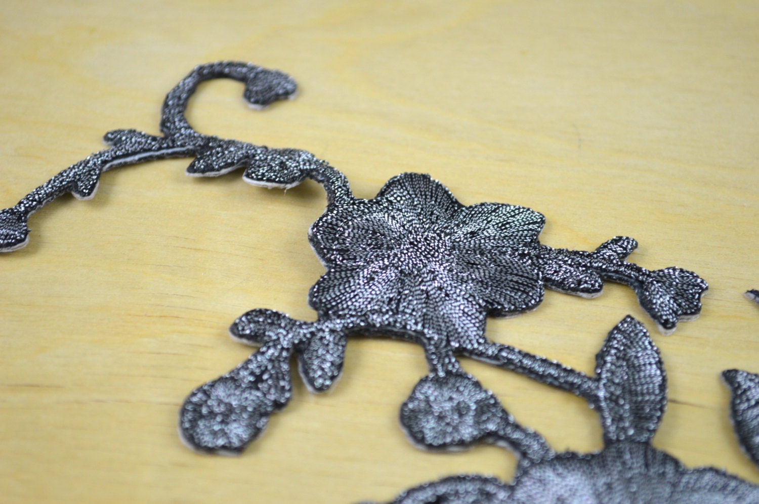 Gunmetal Flower Applique: Metallic Thread Embroidery Patch (set of 2 ...