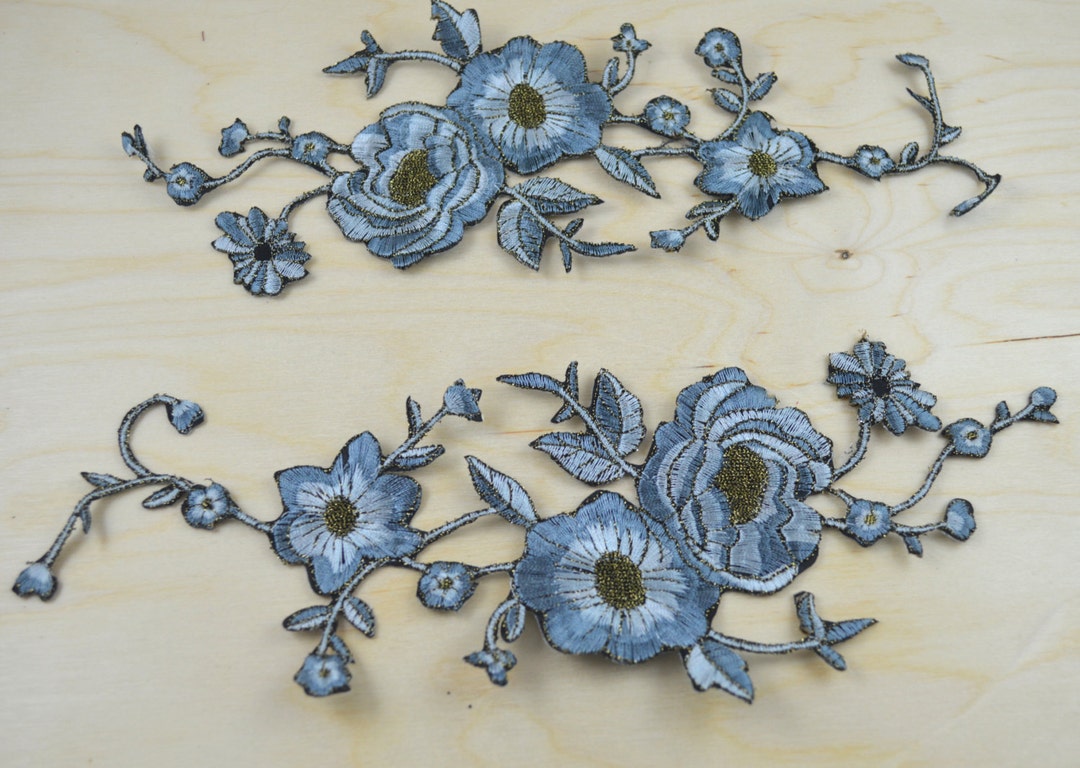 Blue Flower Embroidered Applique: Antique Gold Detail, Iron-on (set of ...