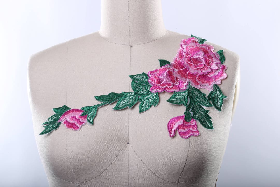 Flower Applique Pink and Green Flower Applique/ Embroidered Flower ...