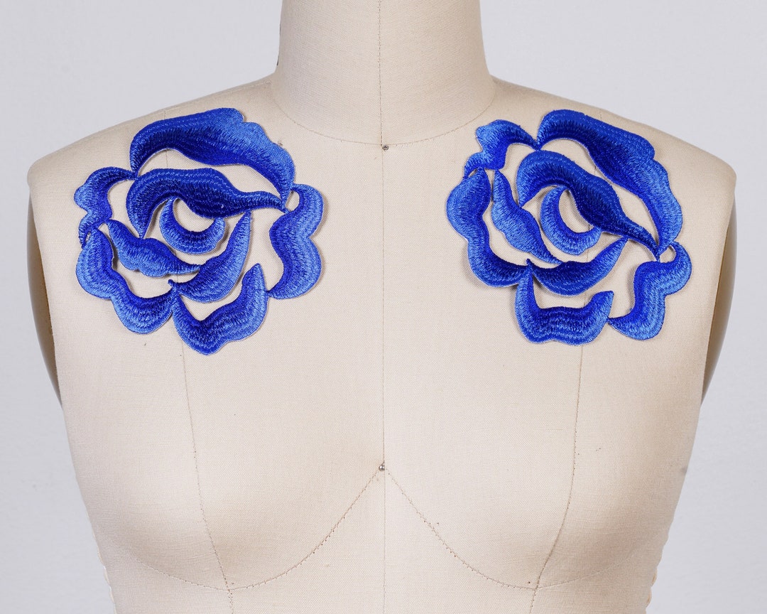 Royal Blue Rose Patch Iron on Blue Flower Appliqué Crisp Edges 2 Pieces ...