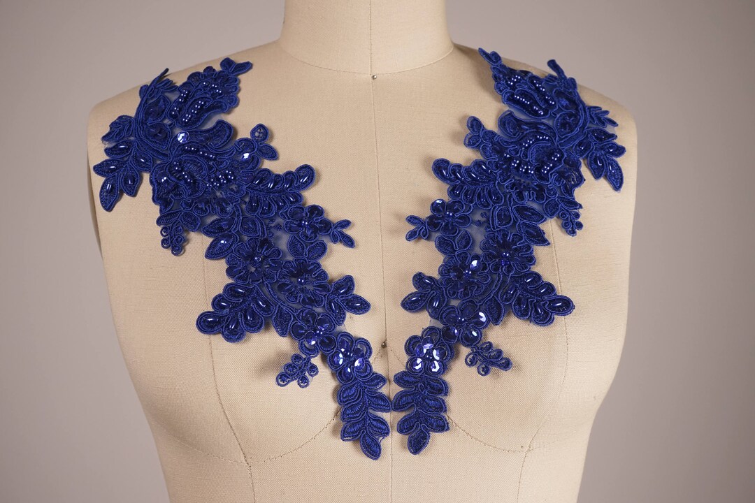 Large Royal Blue Applique/ Beaded Applique in Remarkable Shape. Pair ...