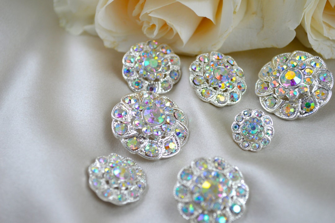 Iridescent Rhinestone Button Silver Rhinestone Button 1 Piece Geneva's ...