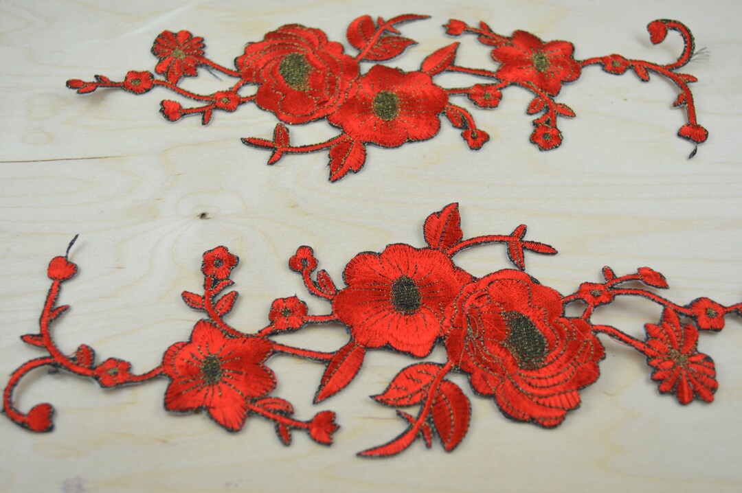 Red Flower Patch 2 Dark Red and Antique Gold Embroidery Flower Patch ...