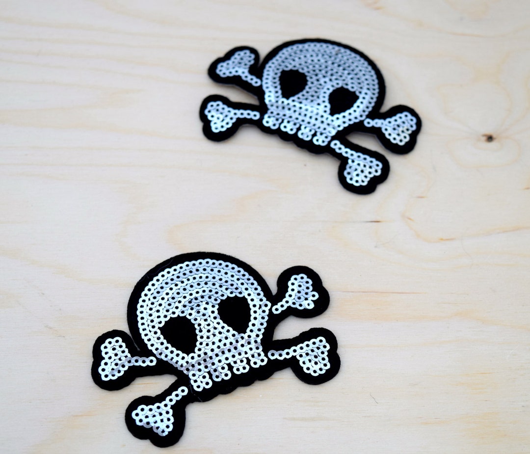 Skull Patch Silver Sequined and Felt Skull and Bones Patches With Iron ...