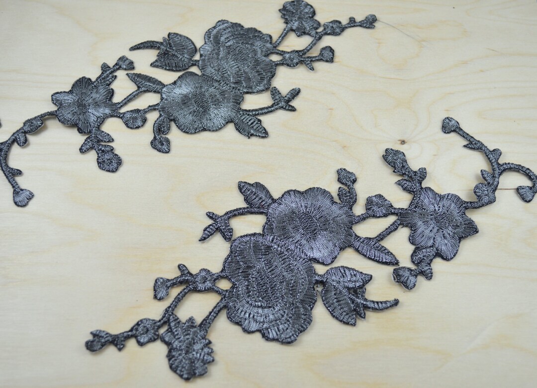 Gunmetal Flower Applique: Metallic Thread Embroidery Patch (set of 2 ...