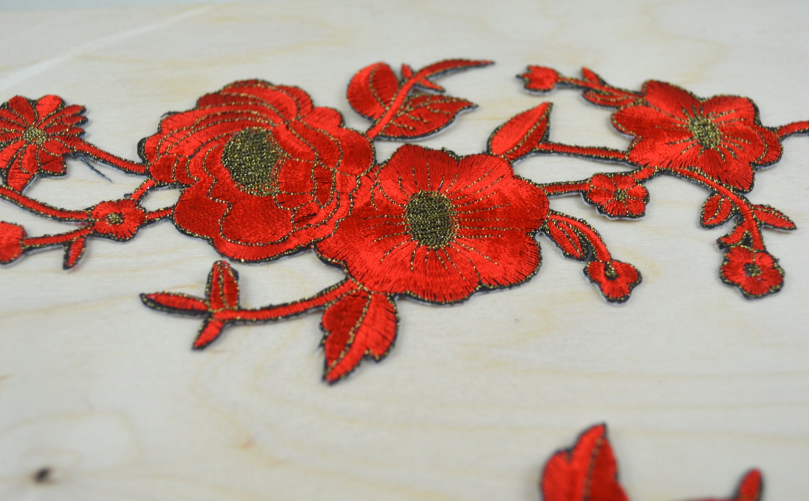 Red Flower Patch 2 Dark Red and Antique Gold Embroidery Flower | Etsy