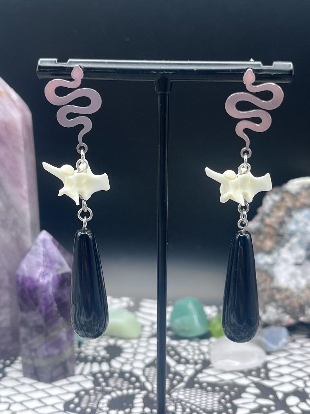 Real Bone Oddities Rattlesnake Vertebrae Earrings Black Onyx and ...