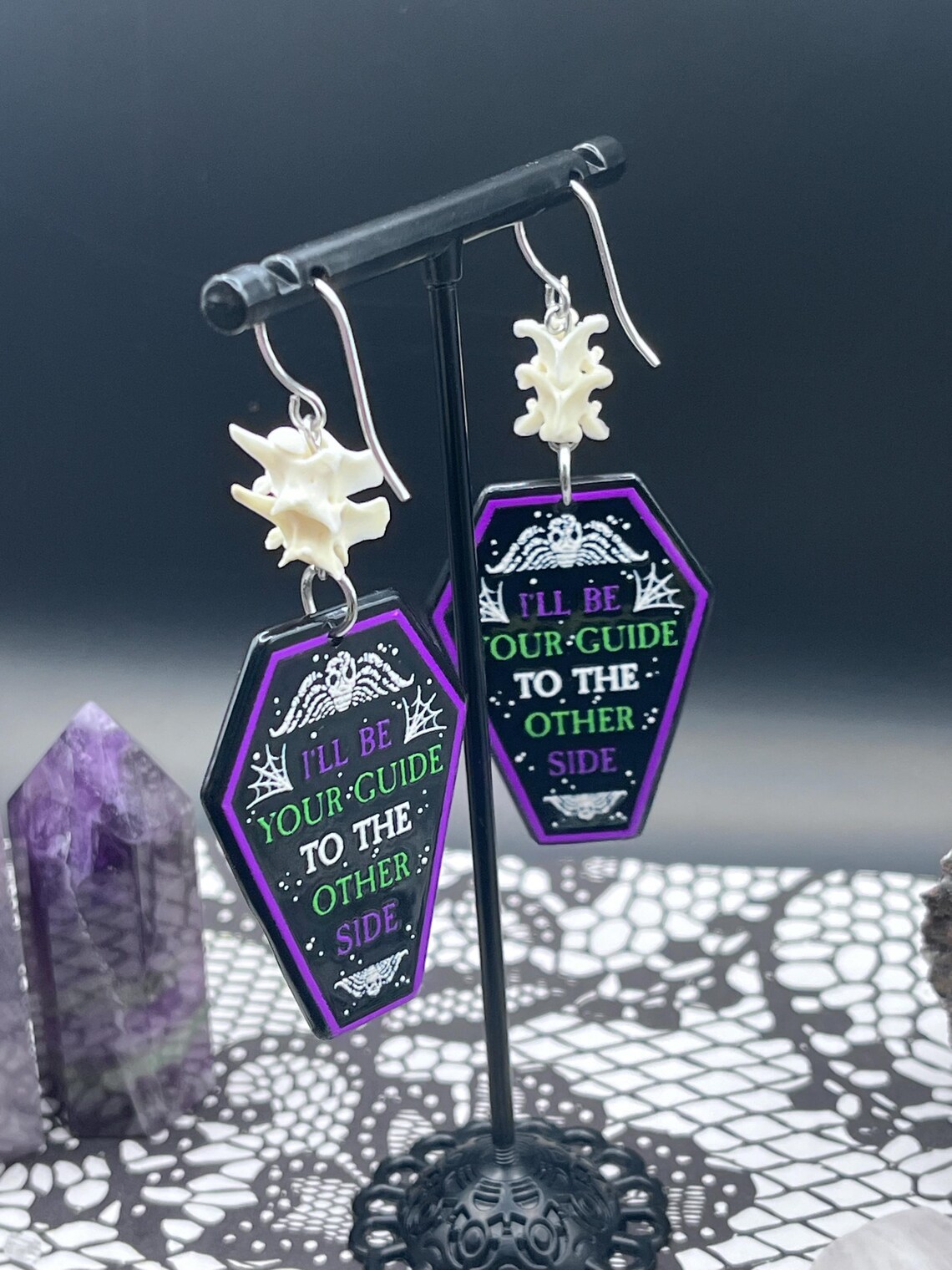 Real Bone Beetlejuice Themed Coffin Acrylic Dangle Earrings Stainless ...