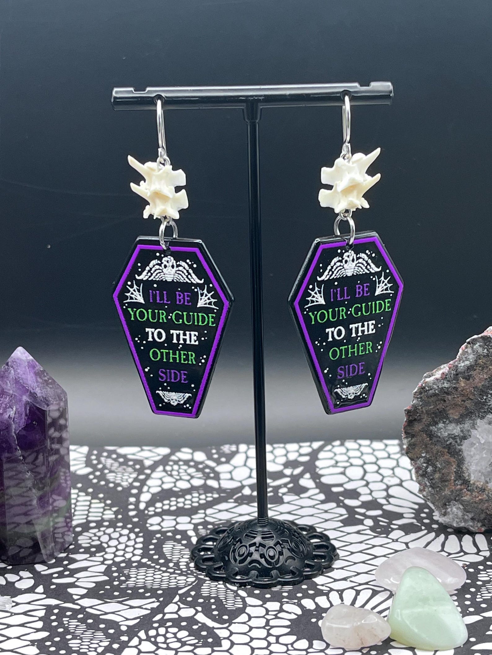 Real Bone Beetlejuice Themed Coffin Acrylic Dangle Earrings Stainless ...